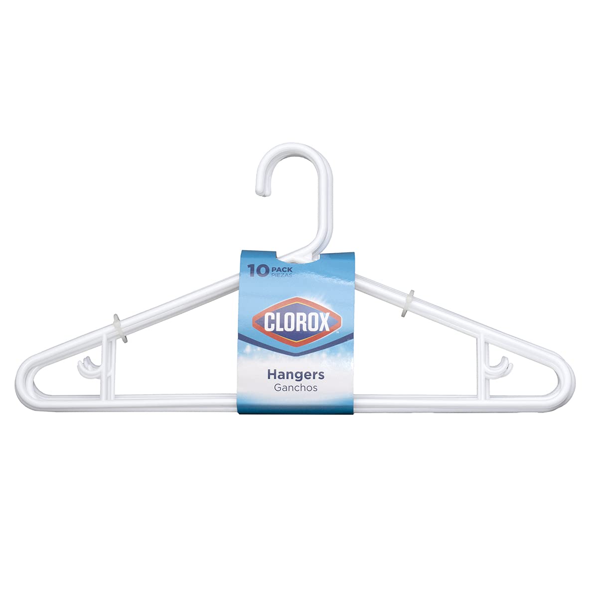 Clorox White Plastic Clothes Hangers – 10 Pack | Ideal for Everyday Standard Use | Two Accessory Hooks | Value Set