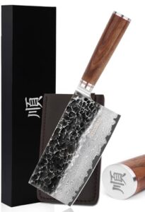 yousunlong meat cleaver 7 inch vegetable cleaver japanese hammer damascus steel - natural walnut wooden handle with leather sheath