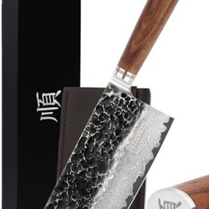 YOUSUNLONG Meat Cleaver 7 inch Vegetable Cleaver Japanese Hammer Damascus Steel - Natural Walnut Wooden Handle with Leather Sheath