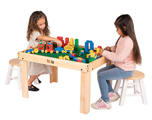 NILO Kids Activity Table Set with 2 Compatible with/Replacement for Detachable Double-Sided Baseplates/Boards/Mats Lego Duplo (N34 Play Table Without Holes, 24x32x20 and 2X Blue Base Plates 12x32)