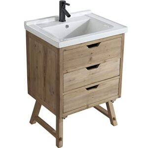 Luca Kitchen & Bath LC24TOP Magnolia 24" Reclaimed Wood Mid-Century Modern Bathroom Vanity in Natural Finish with Integrated White Porcelain Top