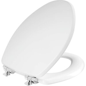 mayfair benton toilet seat with chrome hinges, slow close wood seat, secure metal hinges, easy install, elongated, white