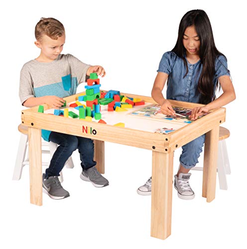 NILO Kids Activity Table Set with 2 Compatible with/Replacement for Detachable Double-Sided Baseplates/Boards/Mats Lego Duplo (N34 Play Table Without Holes, 24x32x20 and 2X Blue Base Plates 12x32)