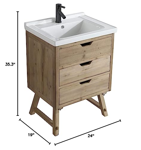 Luca Kitchen & Bath LC24TOP Magnolia 24" Reclaimed Wood Mid-Century Modern Bathroom Vanity in Natural Finish with Integrated White Porcelain Top