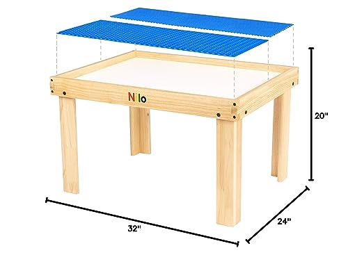 NILO Kids Activity Table Set with 2 Compatible with/Replacement for Detachable Double-Sided Baseplates/Boards/Mats Lego Duplo (N34 Play Table Without Holes, 24x32x20 and 2X Blue Base Plates 12x32)