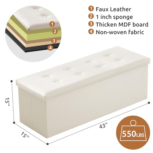 YOUDENOVA 43 Inches Folding Storage Ottoman Bench, Ottoman with Storage Footrest for Living Room, Bed End Bench Chest Seat with Divider, Faux Leather White