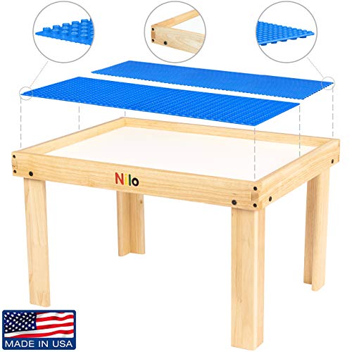 NILO Kids Activity Table Set with 2 Compatible with/Replacement for Detachable Double-Sided Baseplates/Boards/Mats Lego Duplo (N34 Play Table Without Holes, 24x32x20 and 2X Blue Base Plates 12x32)