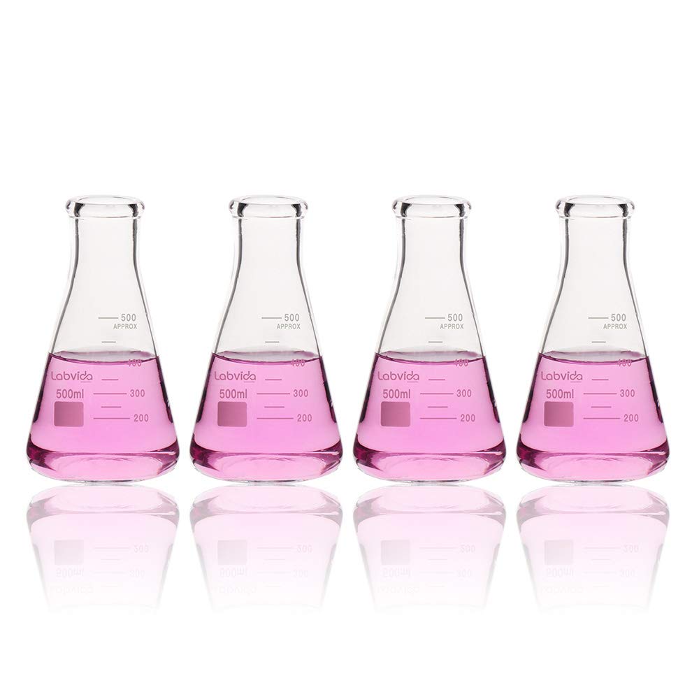 Labvida 4pcs of Vol.500ml Narrow Mouth Glass Erlenmeyer Flasks,3.3 Borocilicate with Printed Graduation, LVC004