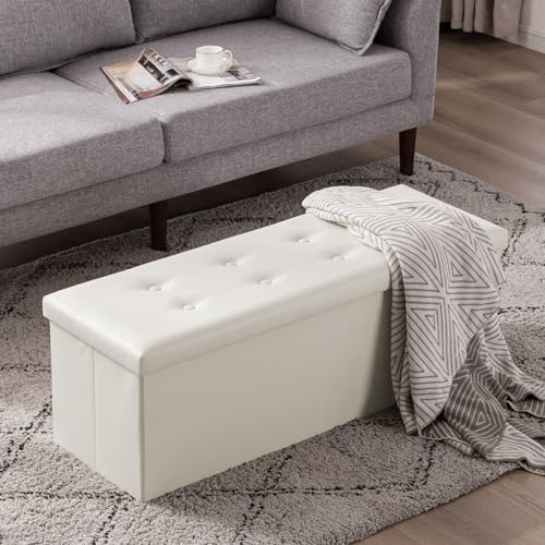 YOUDENOVA 43 Inches Folding Storage Ottoman Bench, Ottoman with Storage Footrest for Living Room, Bed End Bench Chest Seat with Divider, Faux Leather White