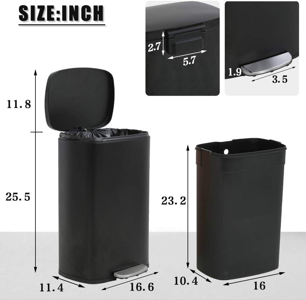 13 Gallon Steel Step Trash Can,Kitchen Trash Can with Lid & Inner Buckets , Stainless Steel Rectangular Garbage Bin , 50 L Pedal Soft Step Slow & Silent Open Close Dustbin for Kitchen, Office (Black)