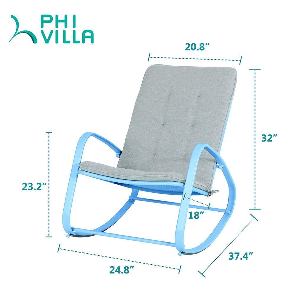 PHI VILLA Outdoor Patio Metal Rocking Chair, Padded Modern Rocker Chairs with Cushion, Support 301lbs for Porch, Deck, Balcony or Indoor Use (1PCS, Blue)