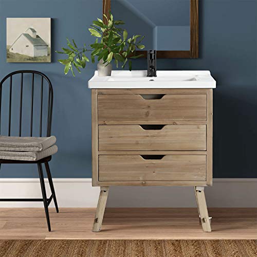 Luca Kitchen & Bath LC24TOP Magnolia 24" Reclaimed Wood Mid-Century Modern Bathroom Vanity in Natural Finish with Integrated White Porcelain Top