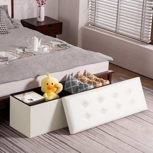 YOUDENOVA 43 Inches Folding Storage Ottoman Bench, Ottoman with Storage Footrest for Living Room, Bed End Bench Chest Seat with Divider, Faux Leather White