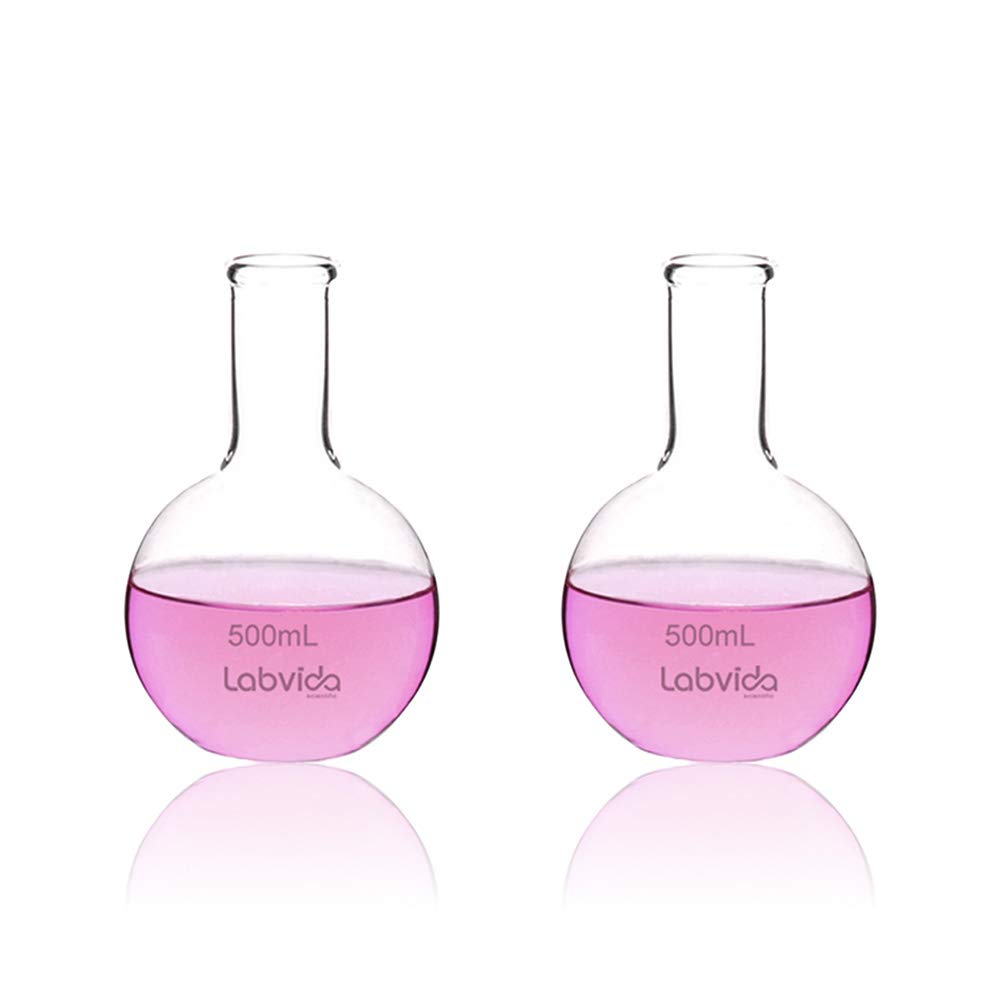 Labvida 2pcs of Glass Boiling Flasks of Flat Bottom, Vol.500ml, Borosilicate 3.3 Glass, LVD002