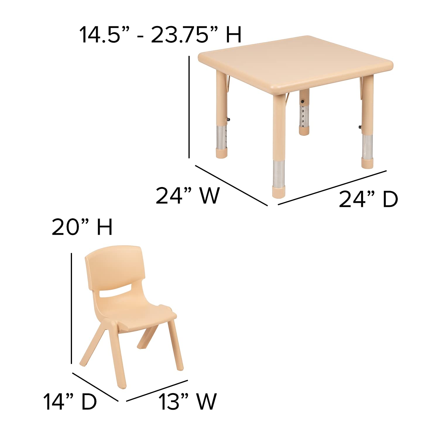 Flash Furniture 24" Square Natural Plastic Height Adjustable Activity Table Set with 4 Chairs