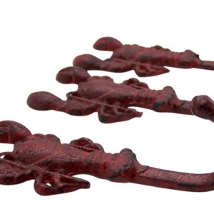 Rustic Red Cast Iron Lobster Wall Hooks, Set of 3, 5 3/4 Inch