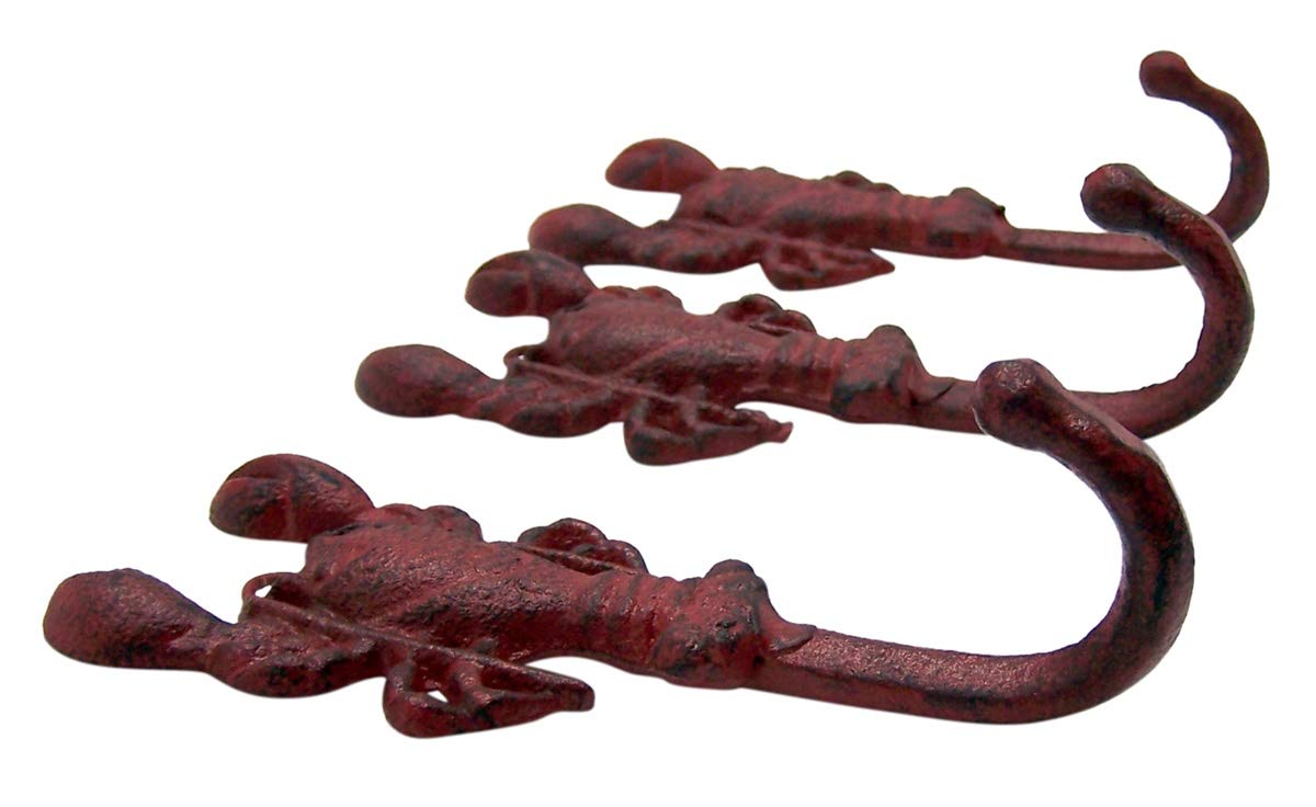 Rustic Red Cast Iron Lobster Wall Hooks, Set of 3, 5 3/4 Inch