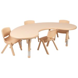 flash furniture 35"w x 65"l half-moon natural plastic height adjustable activity table set with 4 chairs