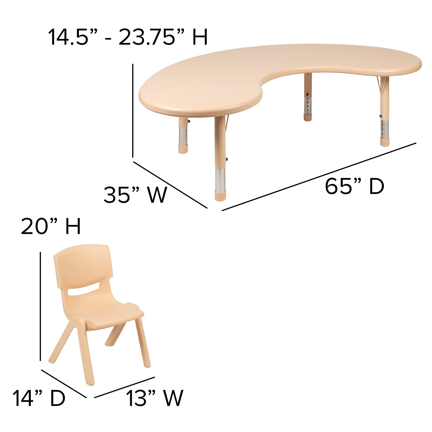 Flash Furniture 35"W x 65"L Half-Moon Natural Plastic Height Adjustable Activity Table Set with 4 Chairs