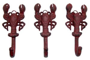 rustic red cast iron lobster wall hooks, set of 3, 5 3/4 inch