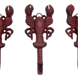 Rustic Red Cast Iron Lobster Wall Hooks, Set of 3, 5 3/4 Inch