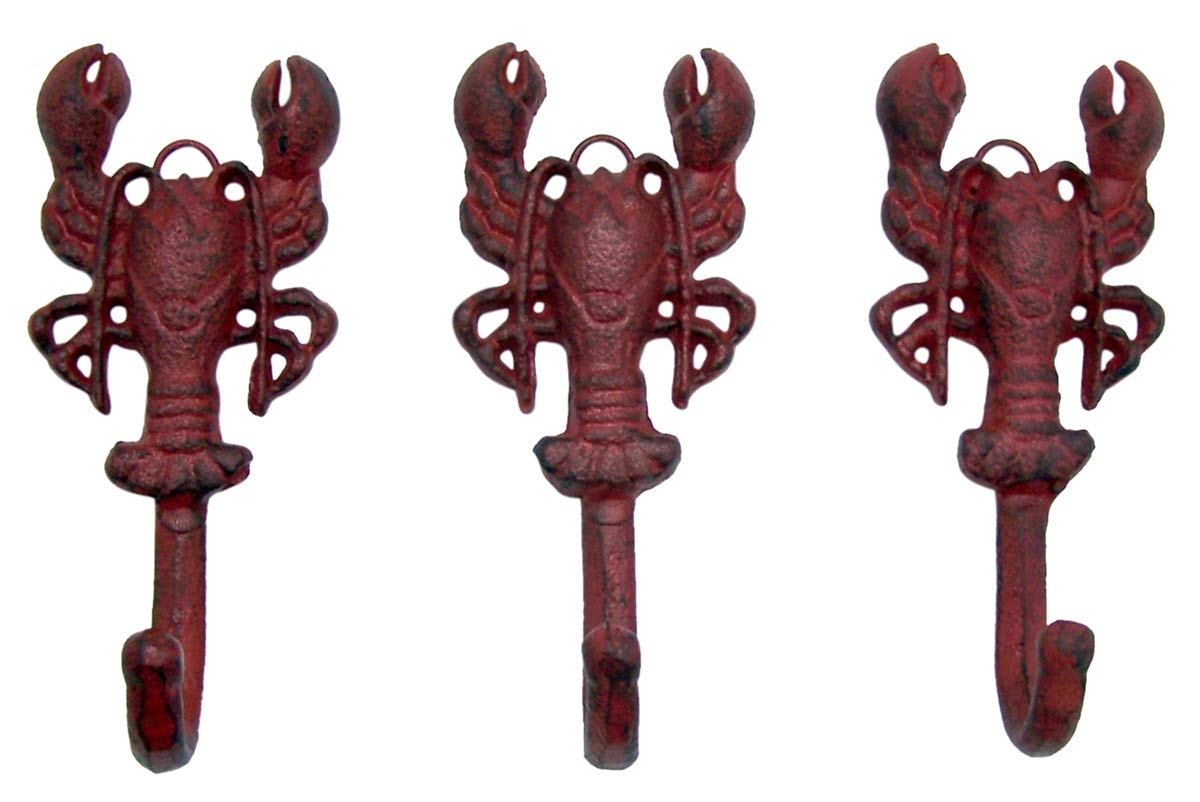 Rustic Red Cast Iron Lobster Wall Hooks, Set of 3, 5 3/4 Inch