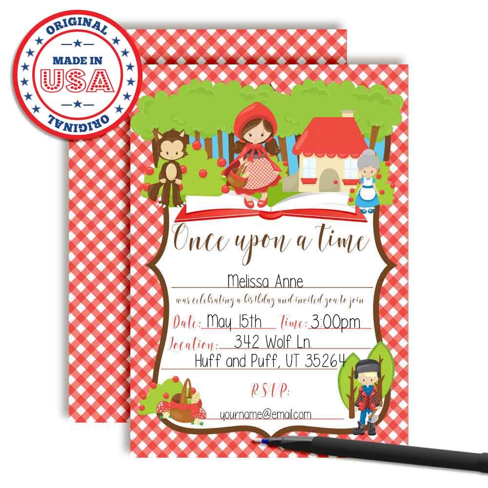 Little Red Riding Hood Fairy Tale Themed Birthday Party Invitations for Kids, 20 5x7 Fill In Cards with Twenty White Envelopes by AmandaCreation