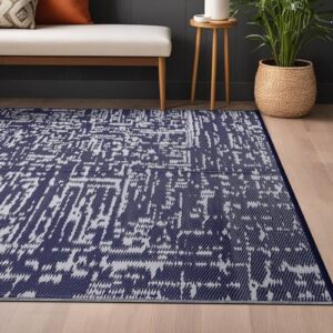 Beverly Rug Abstract Outdoor Rugs 6x9 Waterproof Reversible Plastic Straw Rug Outdoor Carpet, Outside Mat for Patio, Camping, Picnic, Porch, Deck, RV, Beach, Pool, Blue and White