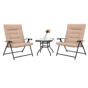 sophia & william padded folding chairs set 3 pcs outdoor adjustable patio reclining lounge chairs bistro furniture set with table for patio balcony porch garden, beige