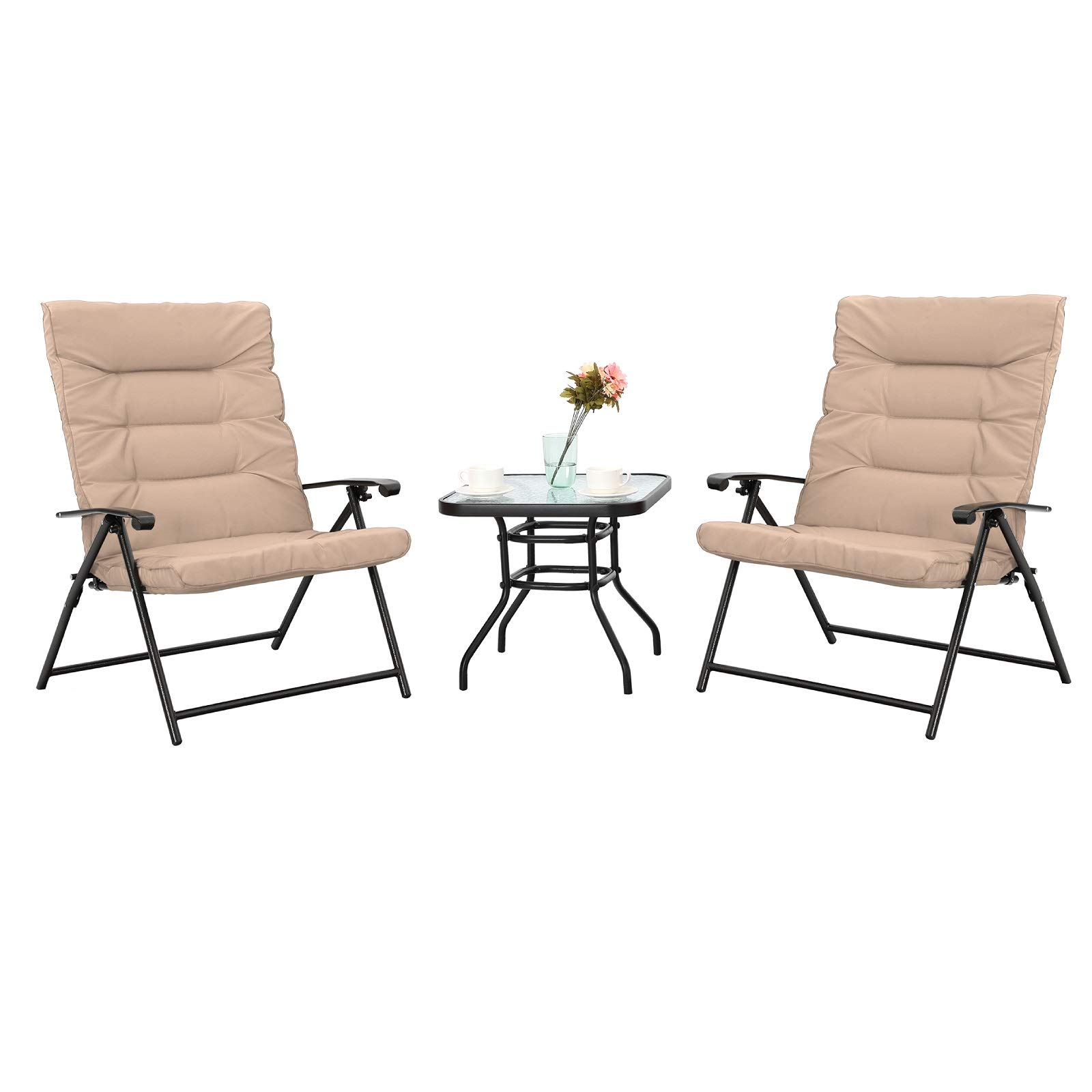 Sophia & William Padded Folding Chairs Set 3 PCS Outdoor Adjustable Patio Reclining Lounge Chairs Bistro Furniture Set with Table for Patio Balcony Porch Garden, Beige