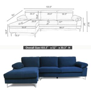 UStinsa Sectional Couch for Living Room Sectional Sofa with Velvet Fabric and Hard Wood Frame L-Shape Sectional Sofa Couch Blue Sofa