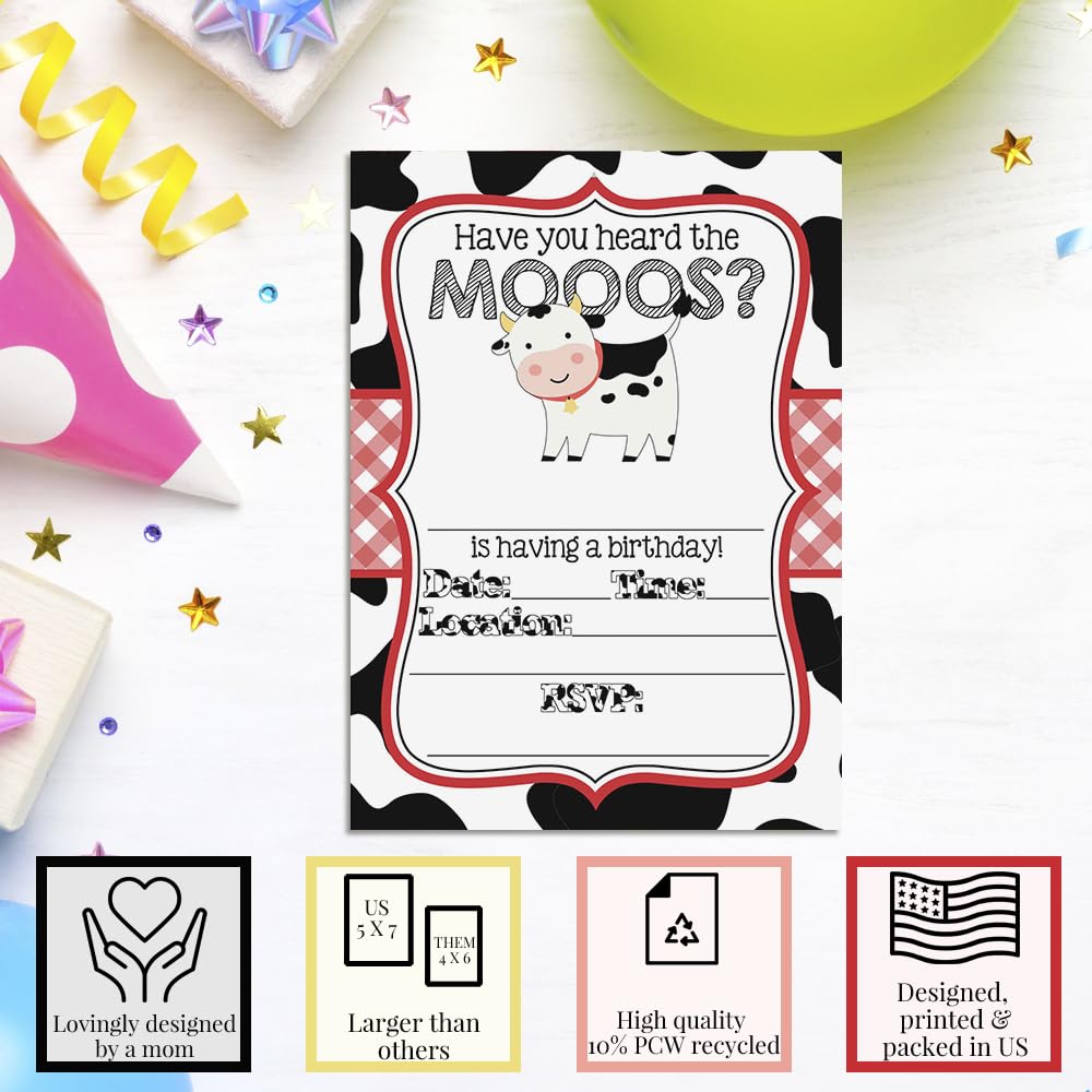 Heard the Moos Red Cow-Themed Birthday Party Invitations for Kids, 20 5x7 Fill In Cards with Twenty White Envelopes by AmandaCreation