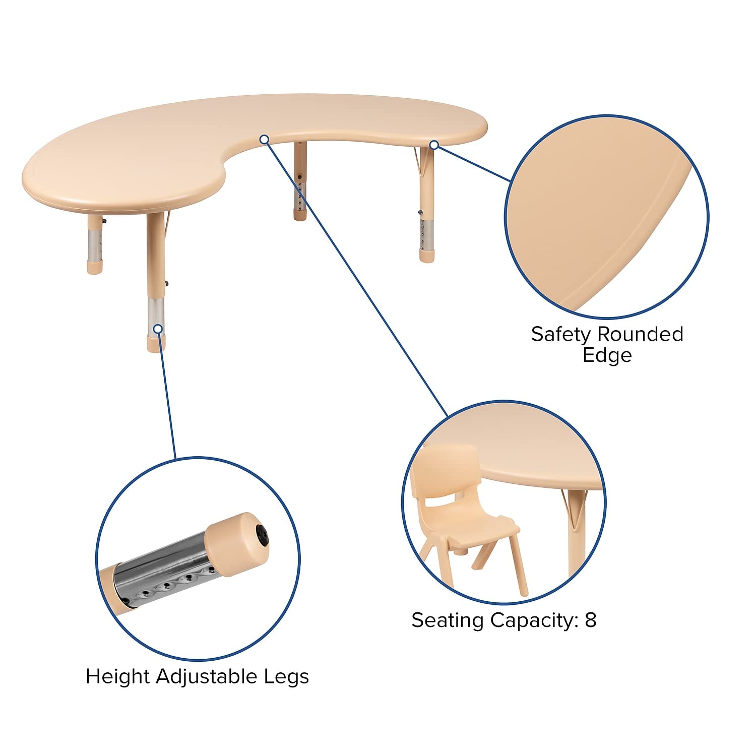 Flash Furniture 35"W x 65"L Half-Moon Natural Plastic Height Adjustable Activity Table Set with 4 Chairs