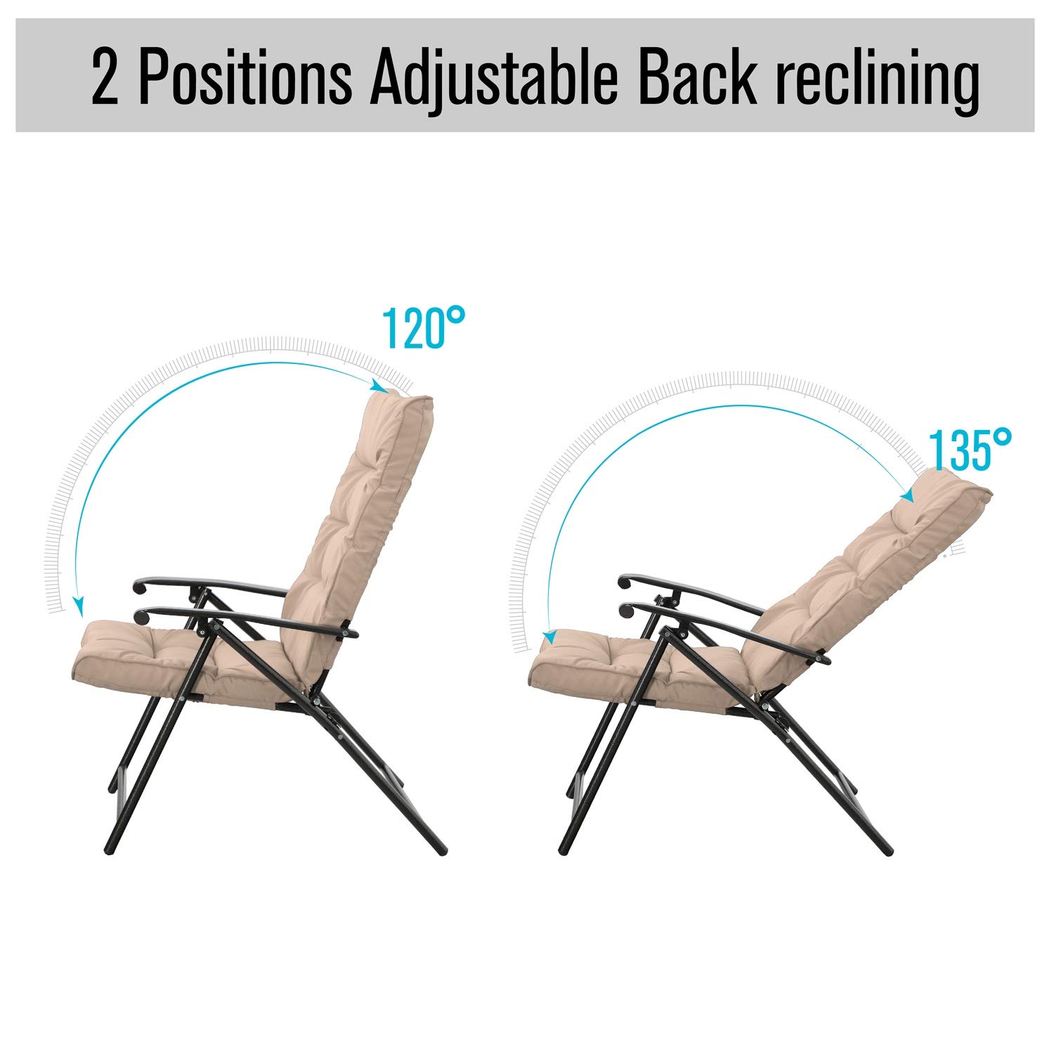 Sophia & William Padded Folding Chairs Set 3 PCS Outdoor Adjustable Patio Reclining Lounge Chairs Bistro Furniture Set with Table for Patio Balcony Porch Garden, Beige