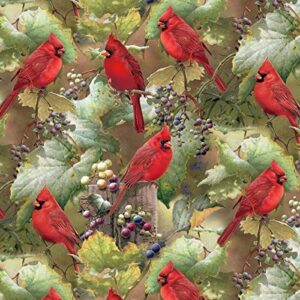 red cardinal in the orchard with grapes cotton fabric