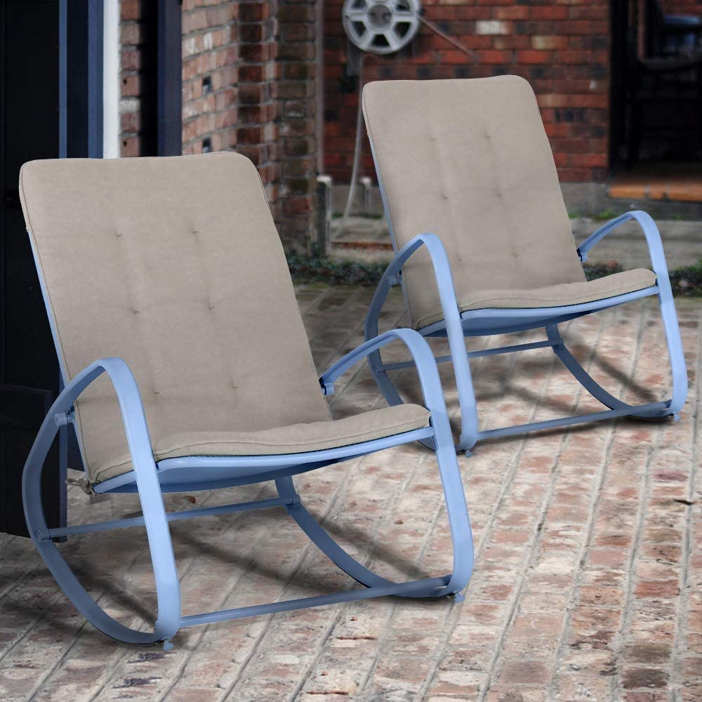 PHI VILLA Outdoor Patio Metal Rocking Chair, Padded Modern Rocker Chairs with Cushion, Support 301lbs for Porch, Deck, Balcony or Indoor Use (1PCS, Blue)