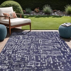 Beverly Rug Abstract Outdoor Rugs 6x9 Waterproof Reversible Plastic Straw Rug Outdoor Carpet, Outside Mat for Patio, Camping, Picnic, Porch, Deck, RV, Beach, Pool, Blue and White