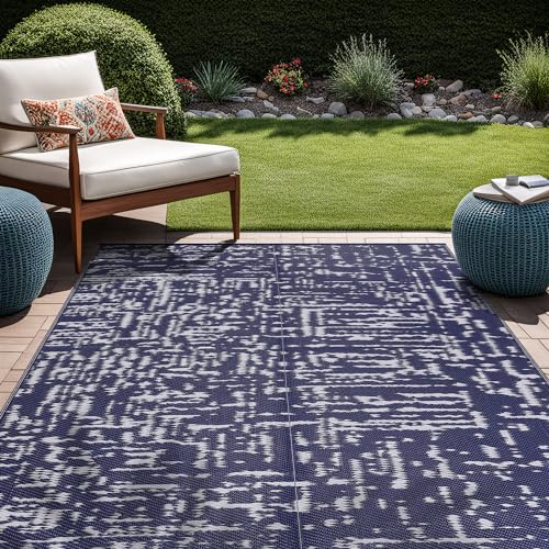 Beverly Rug Abstract Outdoor Rugs 6x9 Waterproof Reversible Plastic Straw Rug Outdoor Carpet, Outside Mat for Patio, Camping, Picnic, Porch, Deck, RV, Beach, Pool, Blue and White