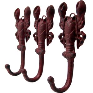 Rustic Red Cast Iron Lobster Wall Hooks, Set of 3, 5 3/4 Inch