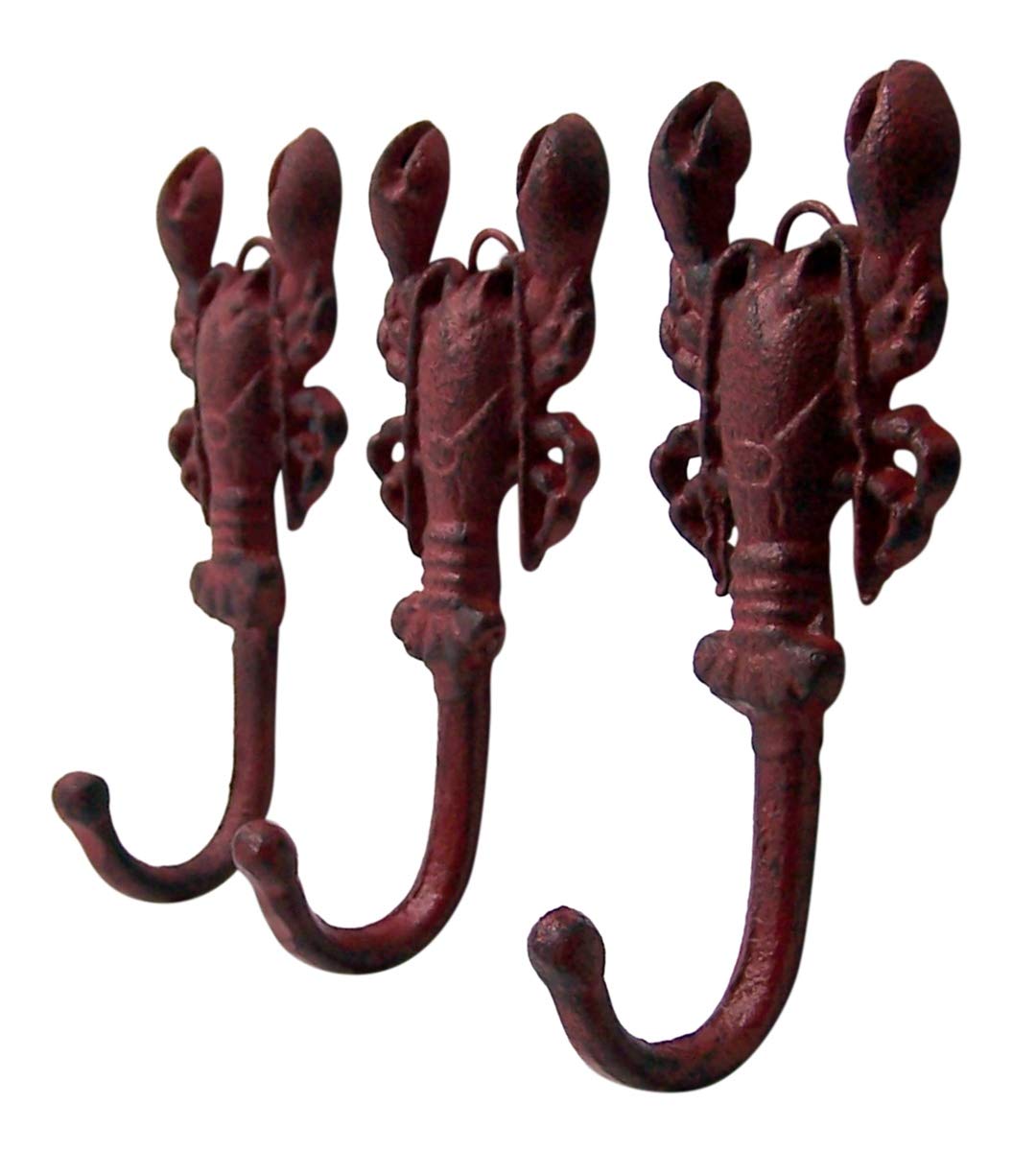 Rustic Red Cast Iron Lobster Wall Hooks, Set of 3, 5 3/4 Inch