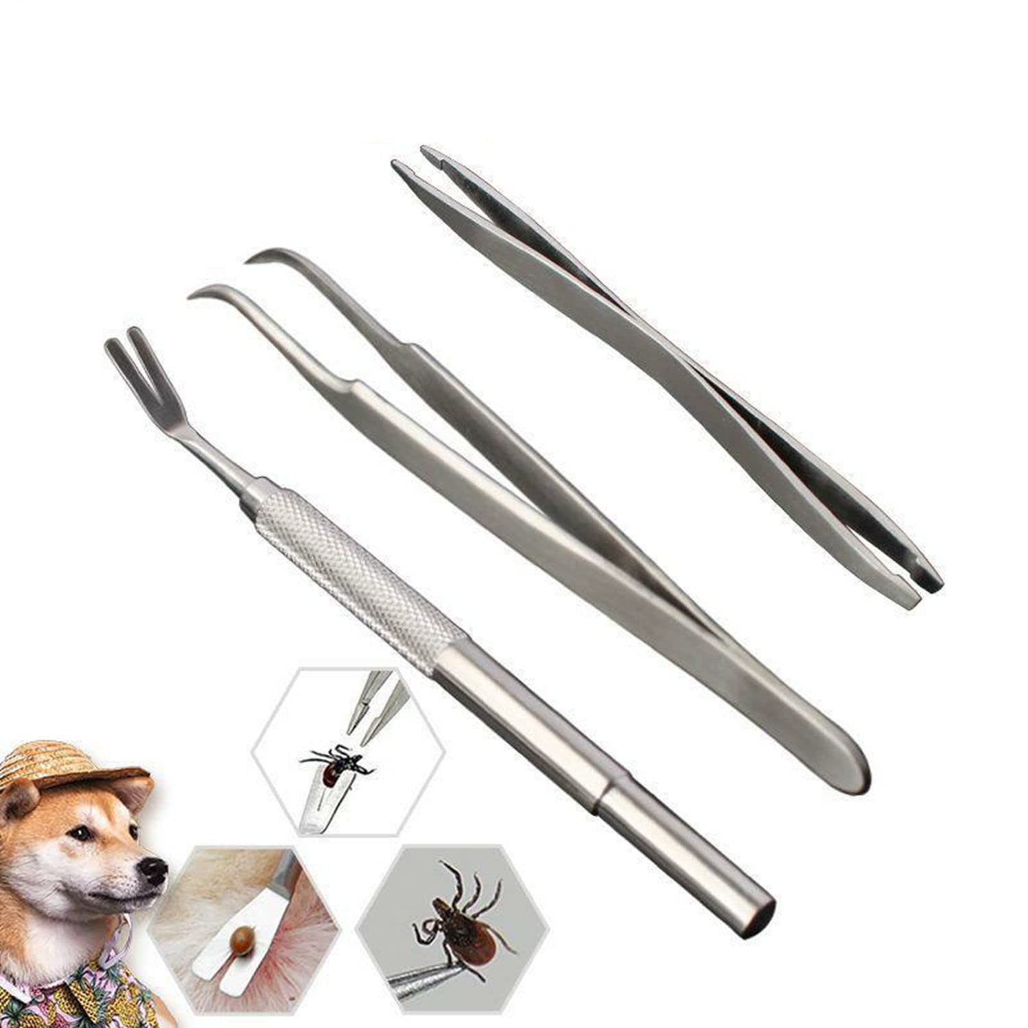 ideanovo 3 Pack Tick Remover Tool kit Stainless Steel Tick Remover Tweezers for Pets Dogs and Cats