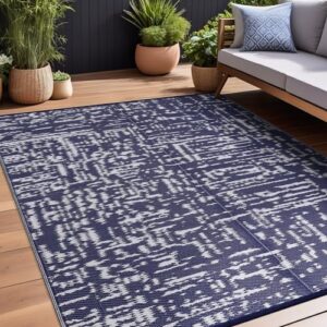 Beverly Rug Abstract Outdoor Rugs 6x9 Waterproof Reversible Plastic Straw Rug Outdoor Carpet, Outside Mat for Patio, Camping, Picnic, Porch, Deck, RV, Beach, Pool, Blue and White