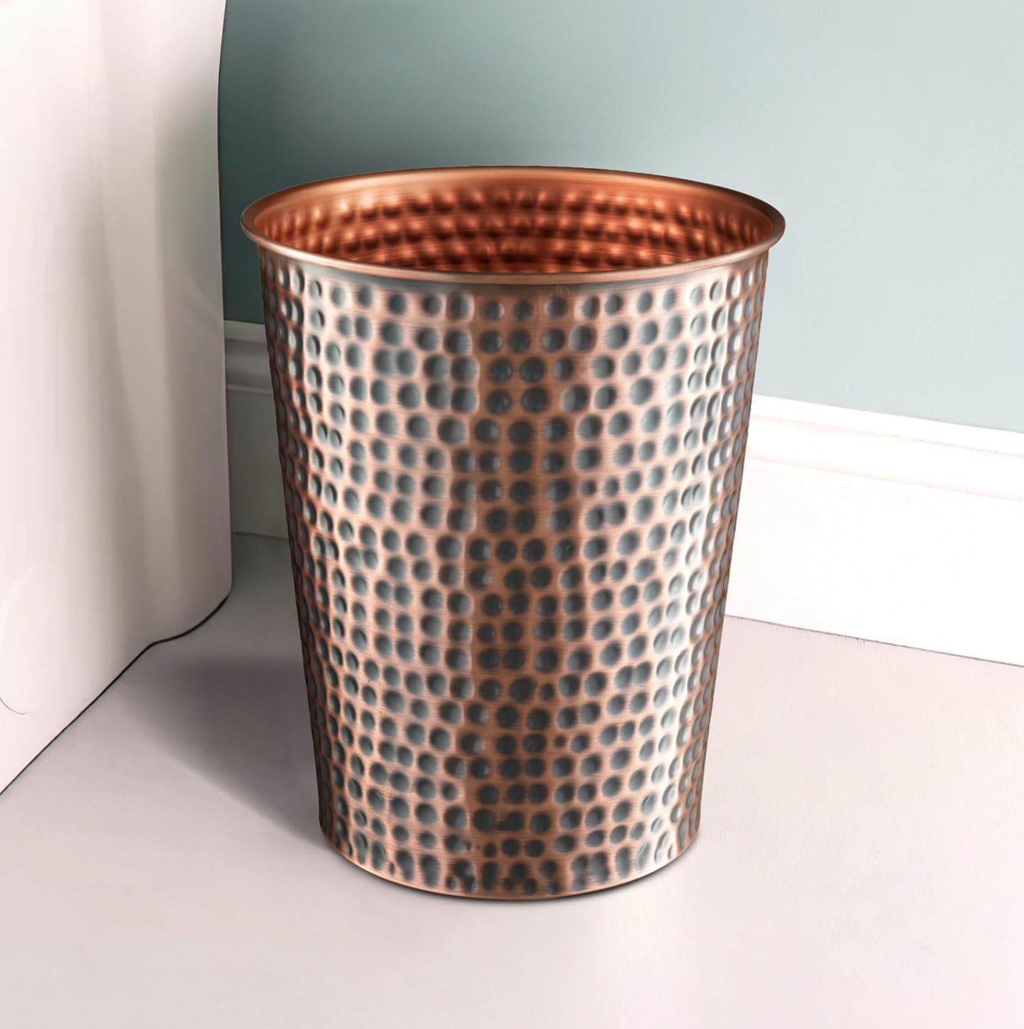 Monarch Abode Circular Wastebasket and Trash Can for Home Office & Bedroom - Decorative Wastebasket - Bathroom Waste Basket- Durable Hand Hammered Antique Copper Finish - Bathroom Trash Can