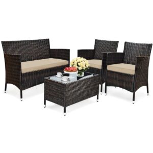 happygrill 4-piece patio furniture set outdoor rattan wicker conversation set with cushioned sofa and coffee table for porch backyard garden poolside