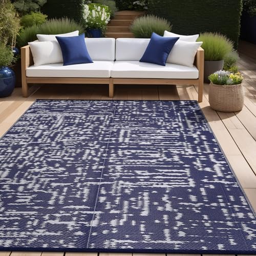 Beverly Rug Abstract Outdoor Rugs 6x9 Waterproof Reversible Plastic Straw Rug Outdoor Carpet, Outside Mat for Patio, Camping, Picnic, Porch, Deck, RV, Beach, Pool, Blue and White