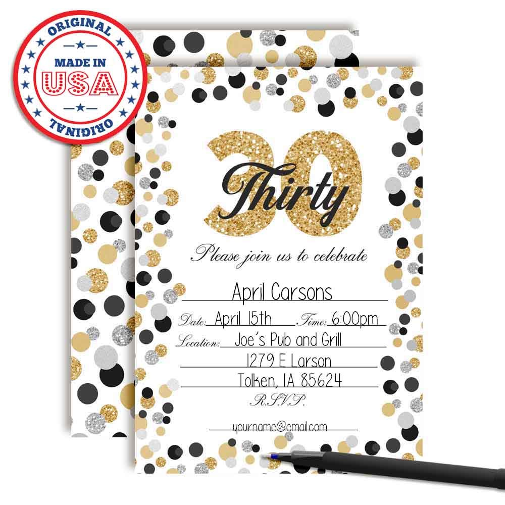 Confetti Polka Dot 30th Birthday Party Invitations, 20 5x7 Fill In Cards with Twenty White Envelopes by AmandaCreation