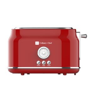 CULINARY CHEF CCTO102-RED, 2 Slice Toaster, Retro Style, Wide Slot for Bread, English Muffins, Croissants, and Bagels, 5 Adjustable Toast Settings, Cancel and Defrost, 900w, Red