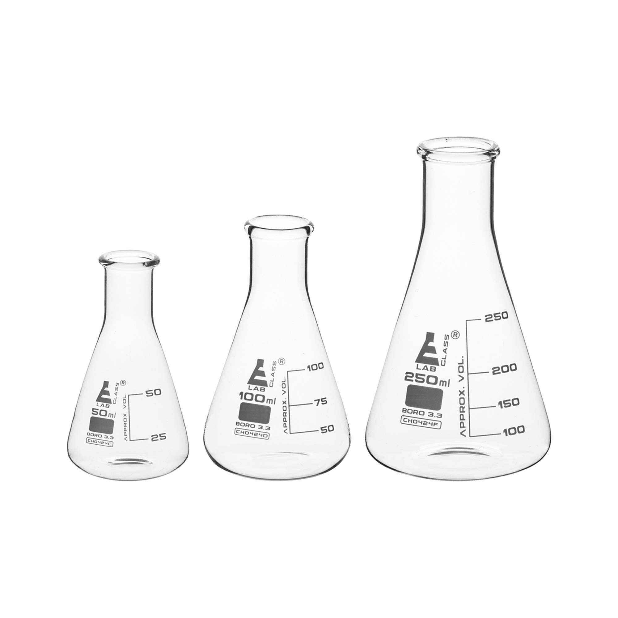 EISCO Premium Erlenmeyer Flask Set - 50ml, 100ml & 250ml Narrow Neck, White Graduations Superior Durability Chemical Resistance Borosilicate 3.3 Glass- Eisco Labs