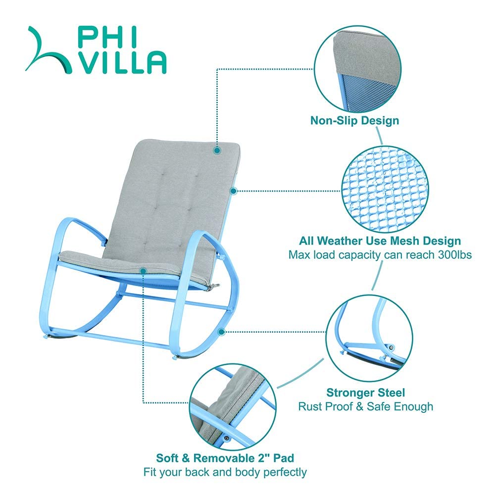 PHI VILLA Outdoor Patio Metal Rocking Chair, Padded Modern Rocker Chairs with Cushion, Support 301lbs for Porch, Deck, Balcony or Indoor Use (1PCS, Blue)