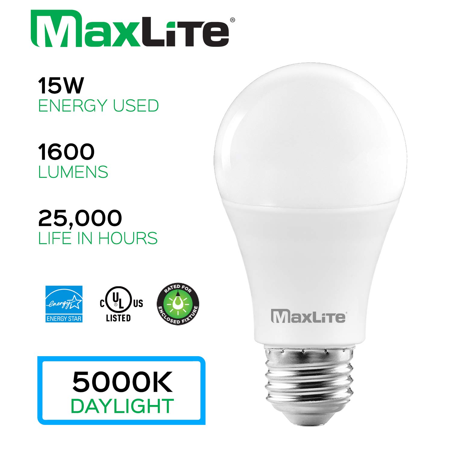 MaxLite A19 LED Bulb, Enclosed Fixture Rated, 100W Equivalent, 1600 Lumens, Dimmable, E26 Medium Base, 2700K Soft White, 4-Pack